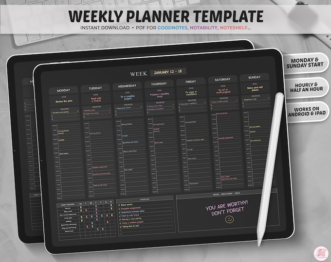 Weekly Hourly Digital Planner for iPad Goodnotes Notability, Weekly ...