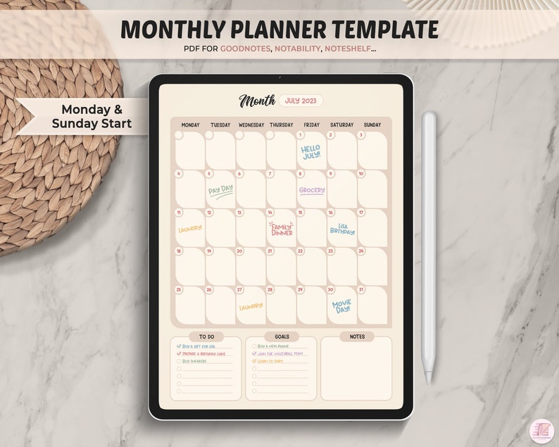 Monthly Planner Goodnotes Template, Monthly Planner Page, Monthly ...