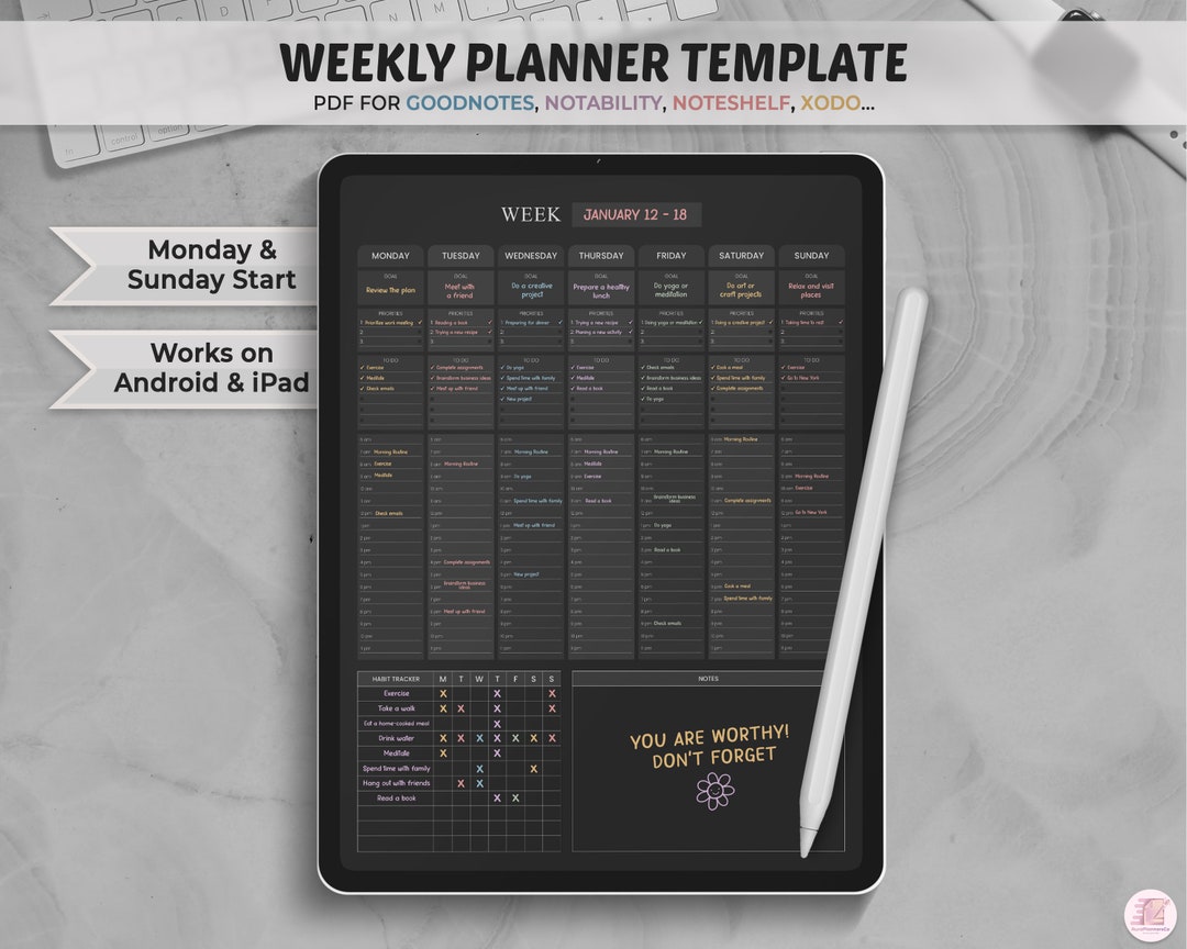 Weekly Planner Goodnotes Template, Hourly Planner, Dark Mode Weekly ...