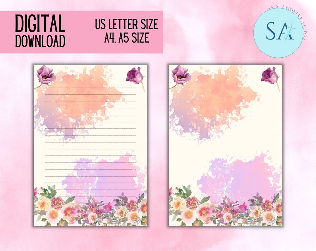 Pink Floral Stationery Set, Letter Paper, US Letter Size, A5, A4 ...