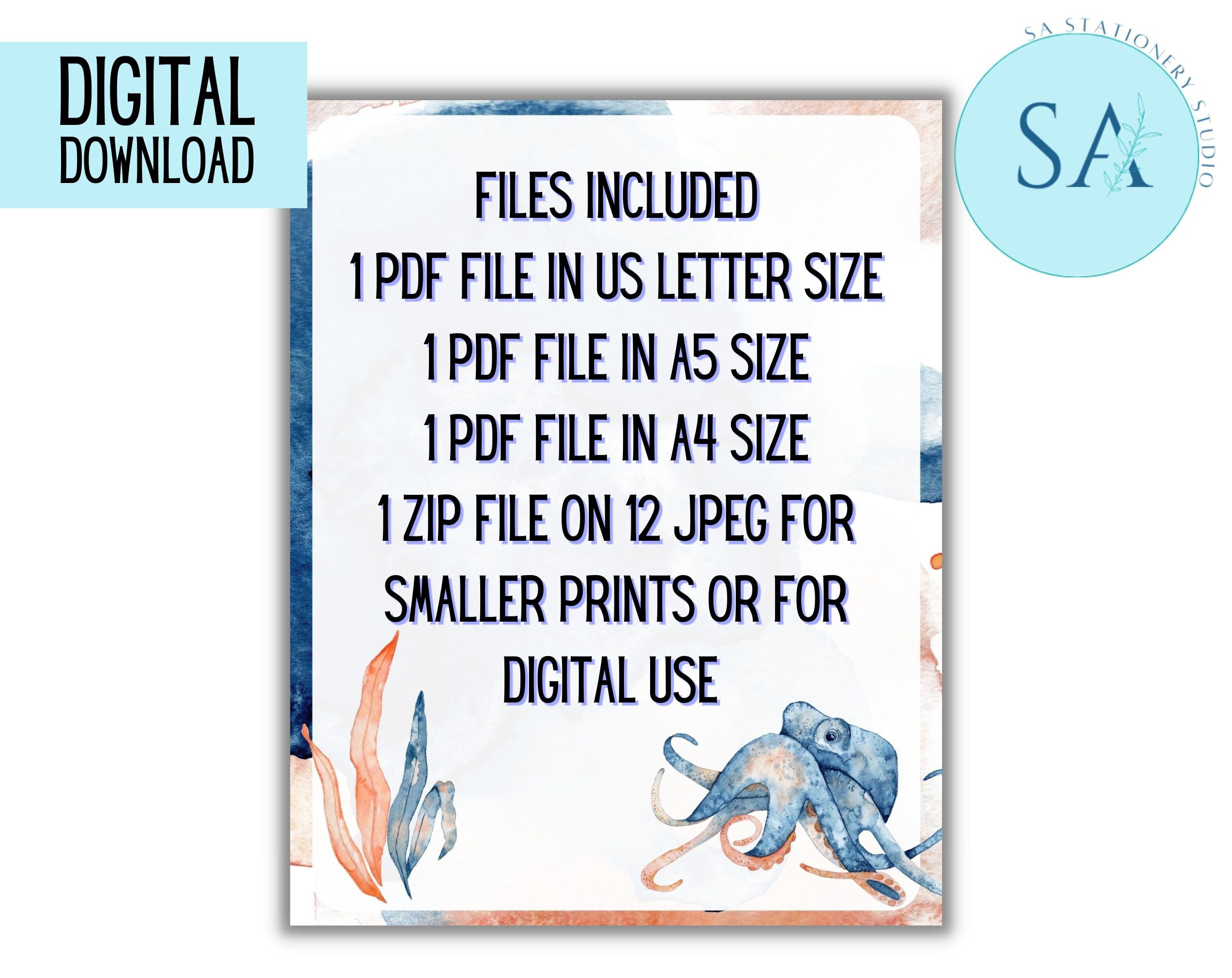 Printable Stationery Set US Letter Size A5 A4 PDF sealife - Etsy