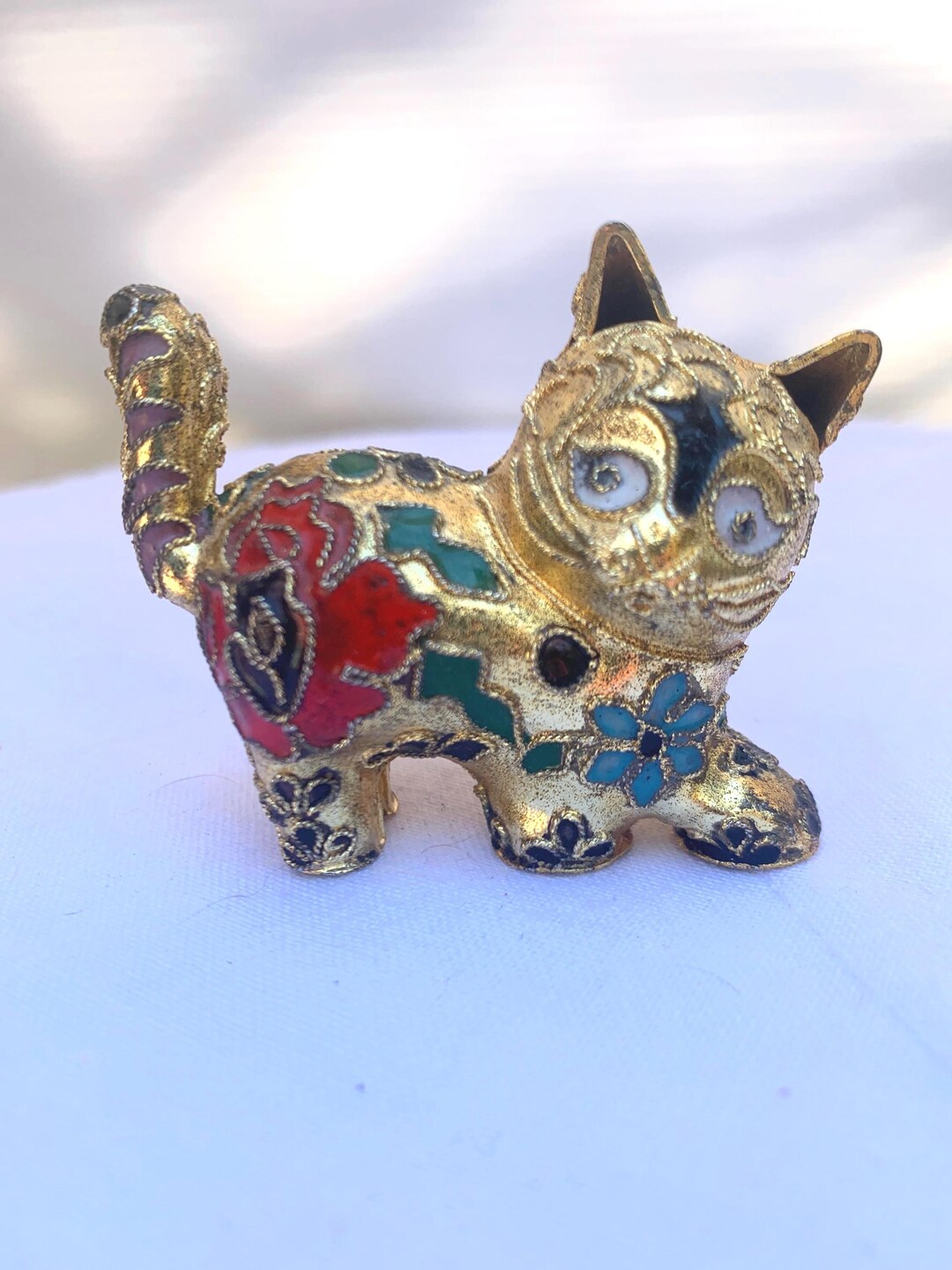 Vtg Cloisonné Cat Small Figurine Gold Multi Color 2 Inches - Etsy