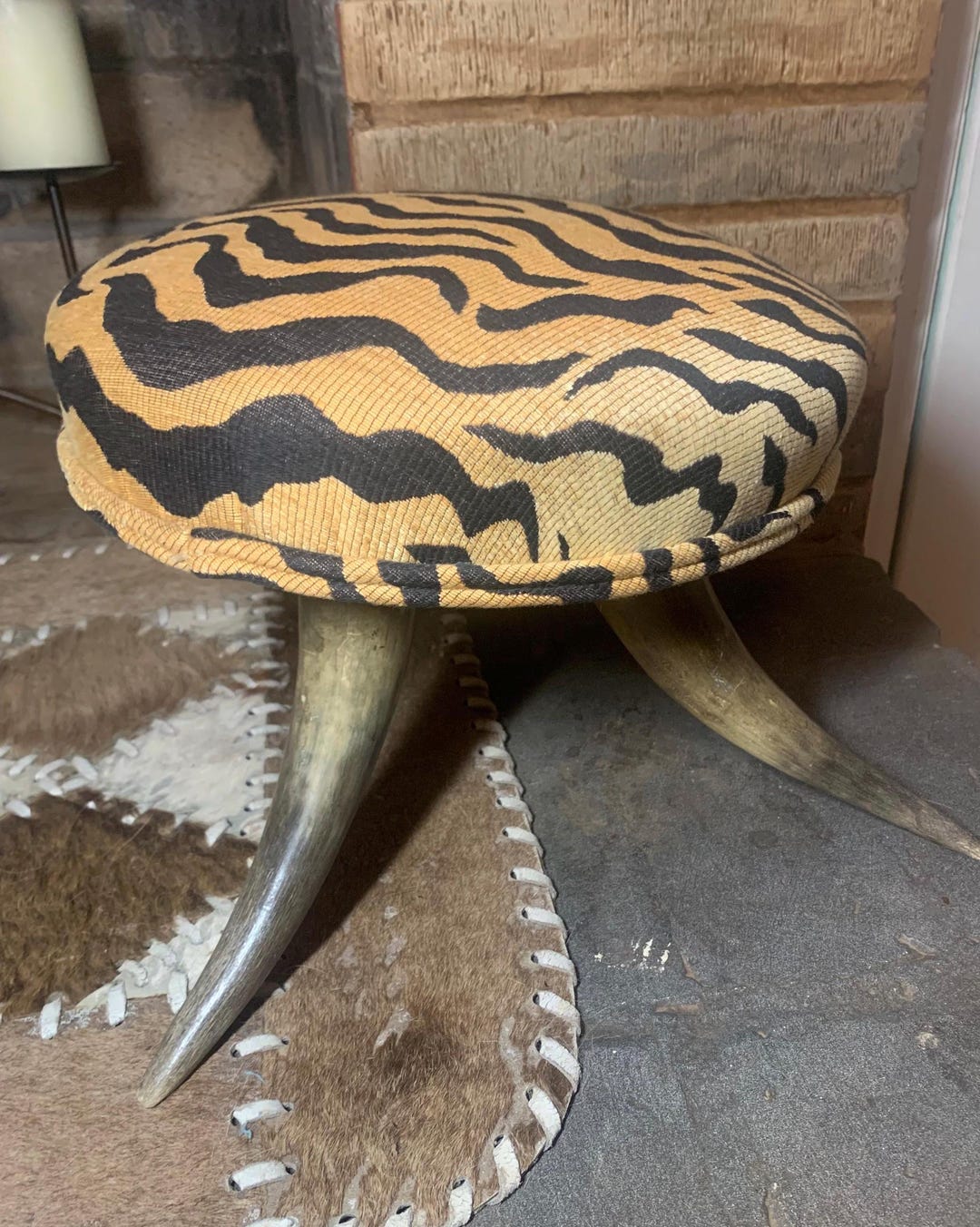 Vintage Tiger Print Steer Horn Designer Stool Animal Print Exotic ...