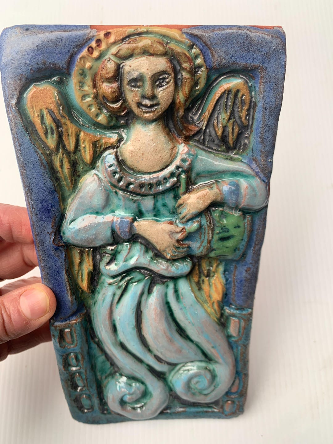 Vintage Angel Plaque Pottery Folk Art Tile Heather Goff ‘90’s Drummer ...