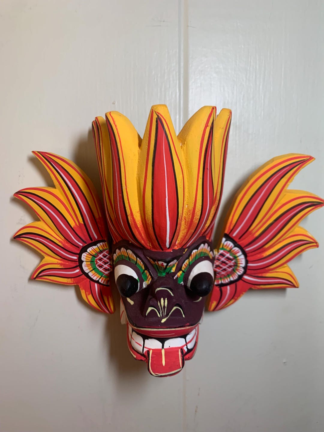 Vtg Sri Lanka Demon Fire Mask Hand Painted Gini Raksha Colorful Red ...