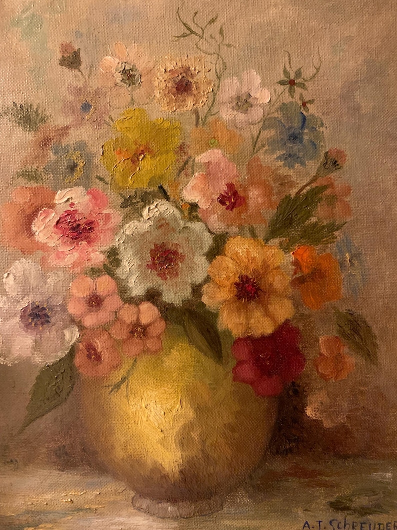 Vintage Oil Painting Flowers A.J. Schreuder Forentine Style Euro Gold ...