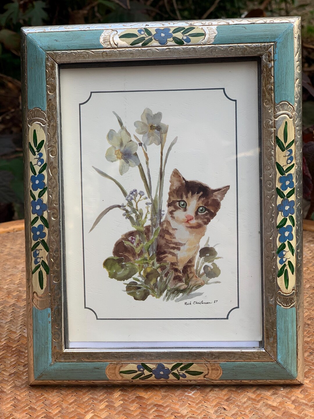 Pretty Cat Vintage Blue Flower Picture Frame Watercolor Print Playful ...