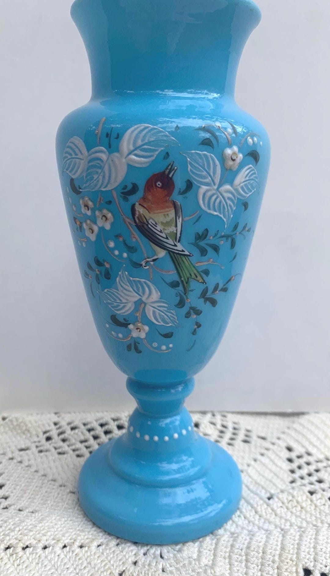 Song Bird Victorian Bristol Glass Blue Floral Vtg Vase Hand Painted - Etsy