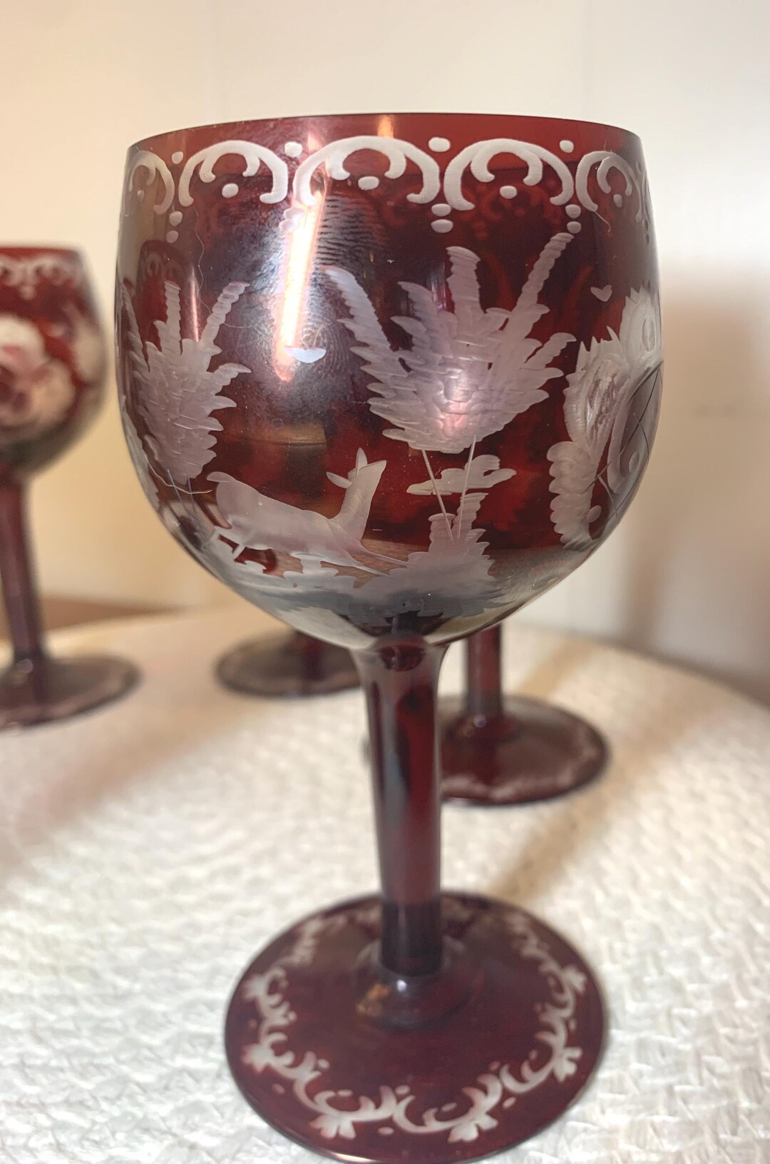 Antique Egermann Ruby Red Goblets Set 6 Etched Bohemian Crystal Czech ...