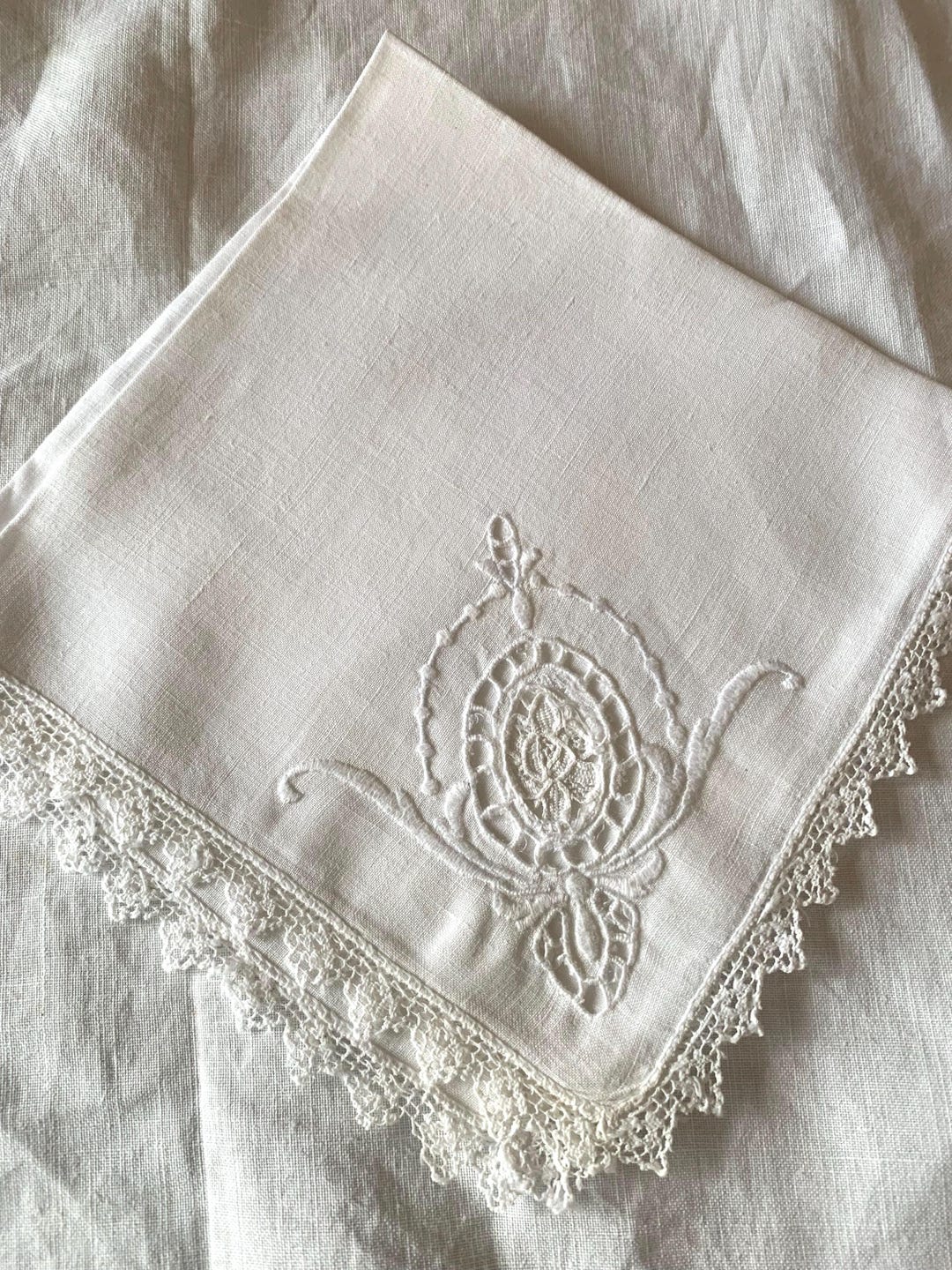 Vtg 11 White Linen Napkins Lace Embroidered Cutwork Handmade Set of 11 ...