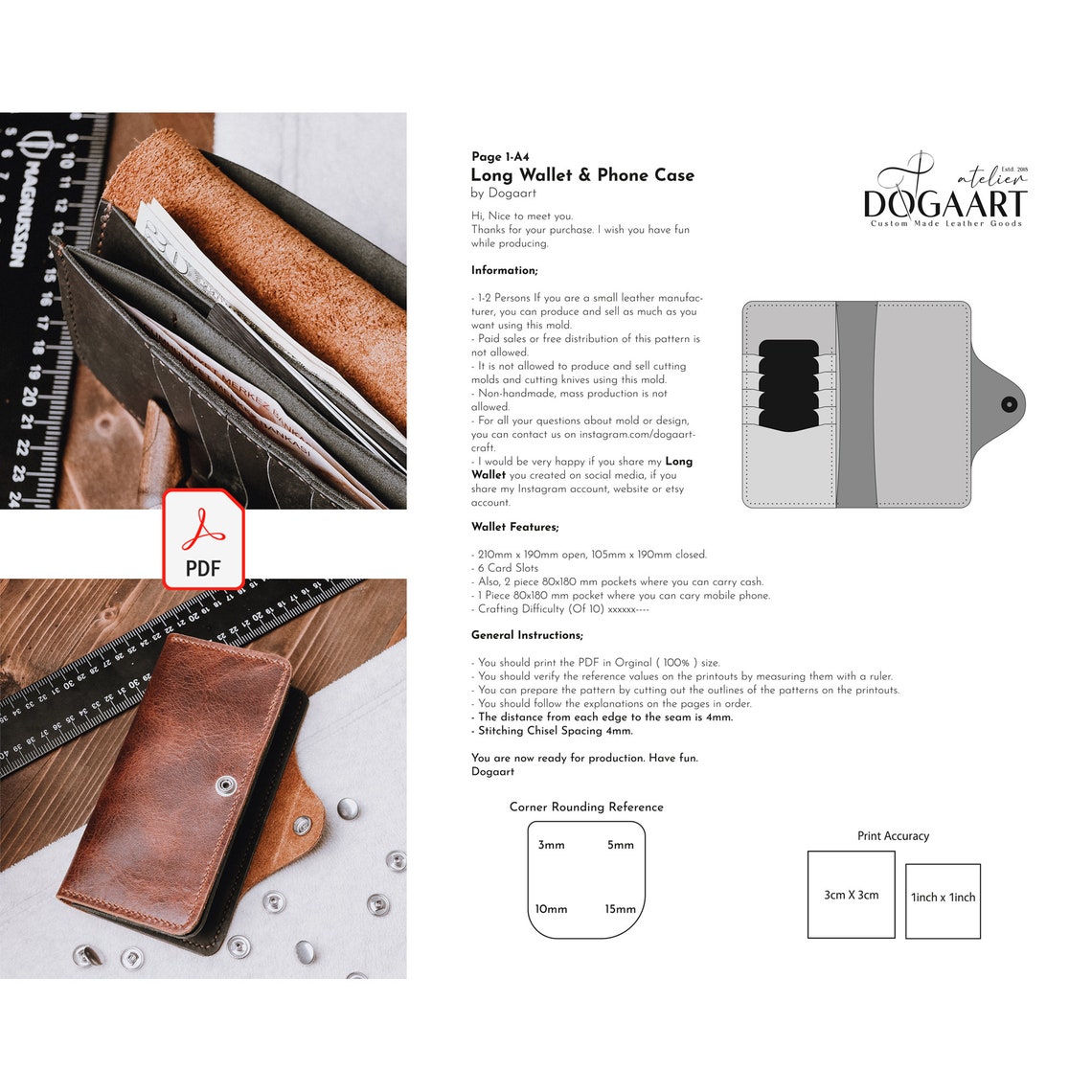 Long Wallet Pattern PDF A4 Letter Format Leather Wallet Pattern, Wallet ...