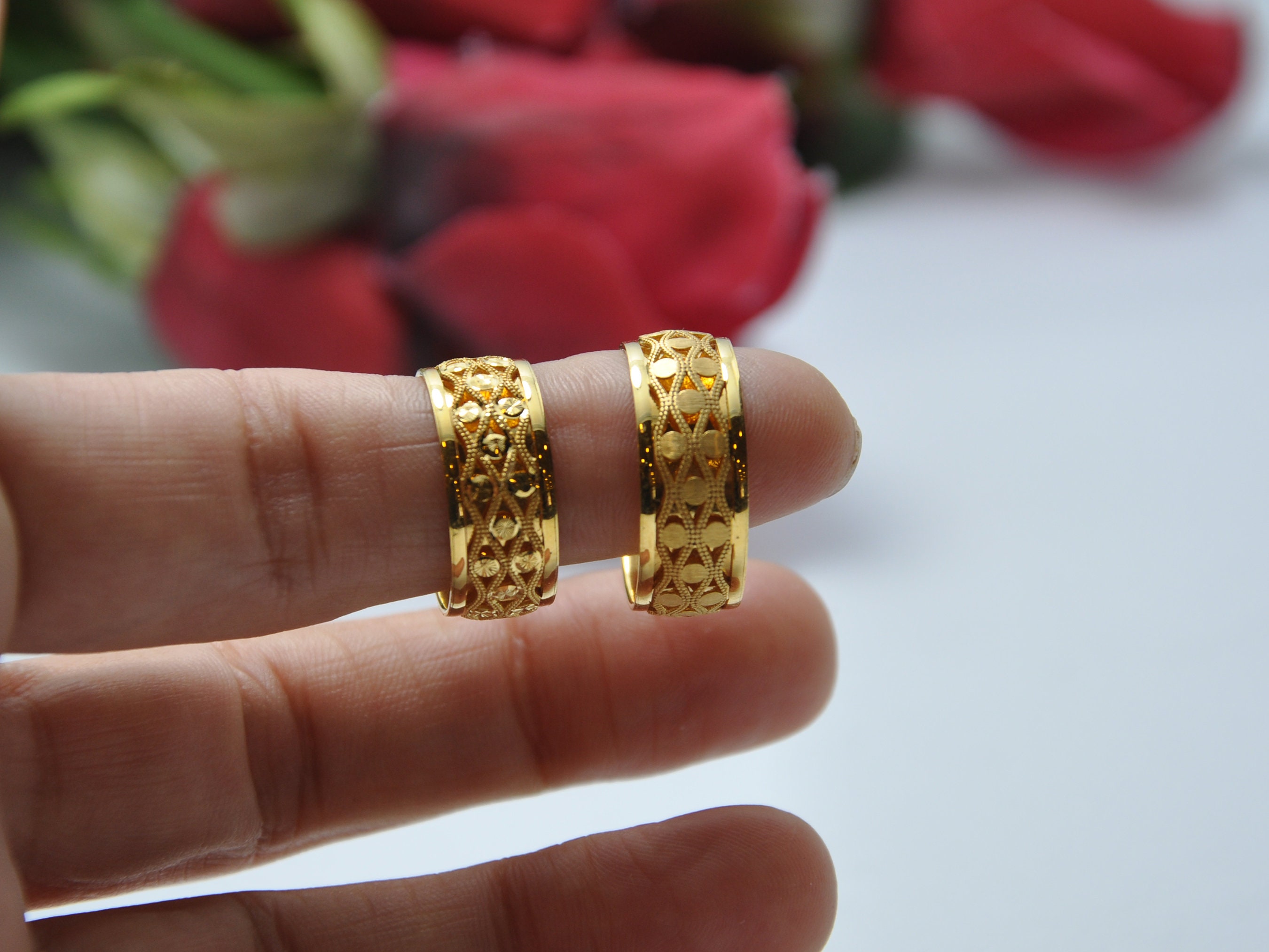 Solid Gold Filled Chunky Ring,22k Gold Flat Beaded, Uique Wedding Gift ...