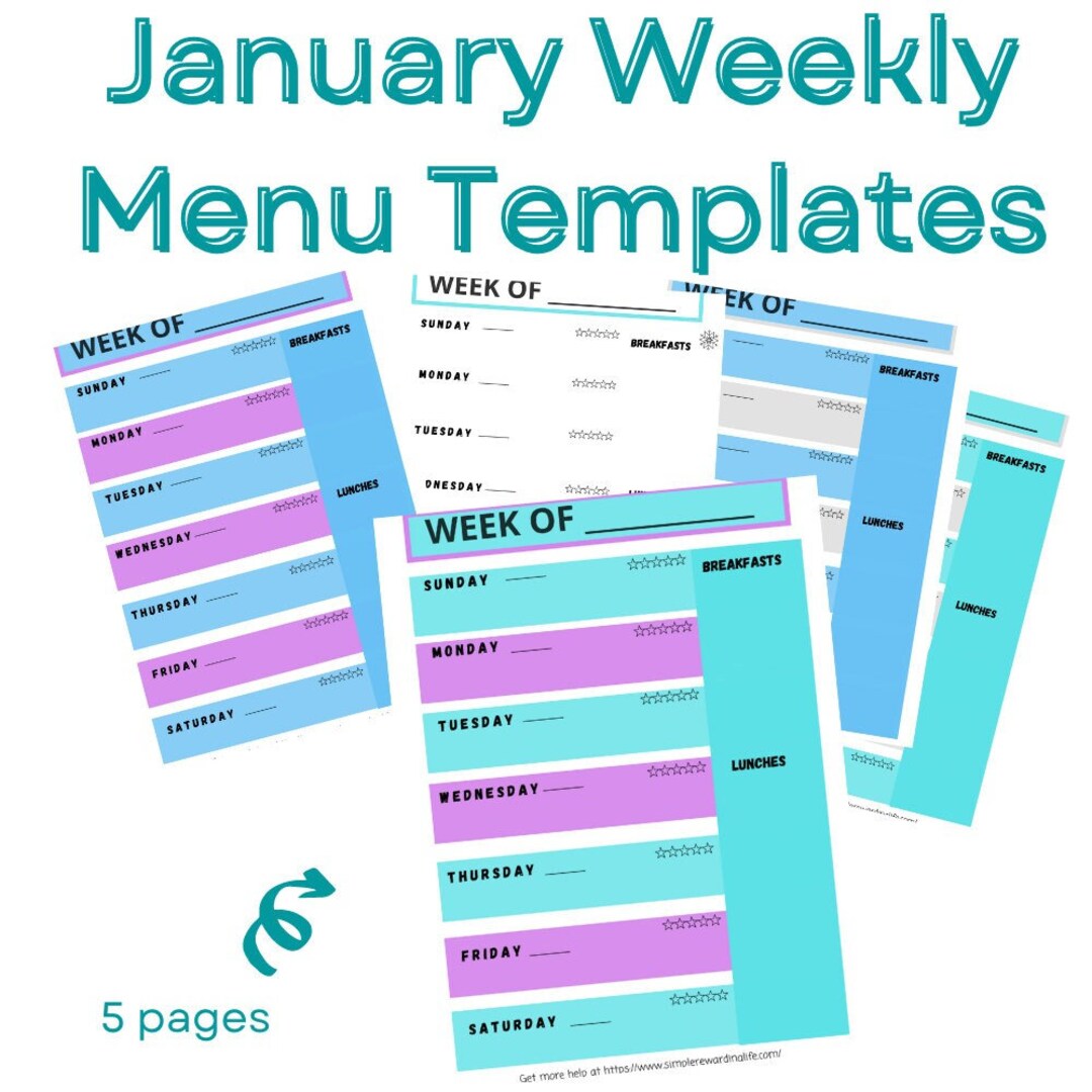 January Weekly Menu Templates - Weekly Meal List - Instant Download ...