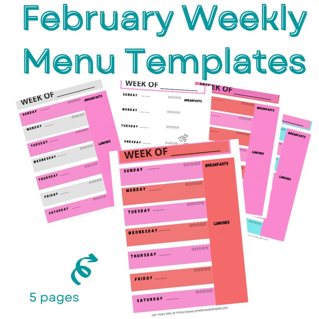 February Weekly Menu Templates - Weekly Meal List - Instant Download ...