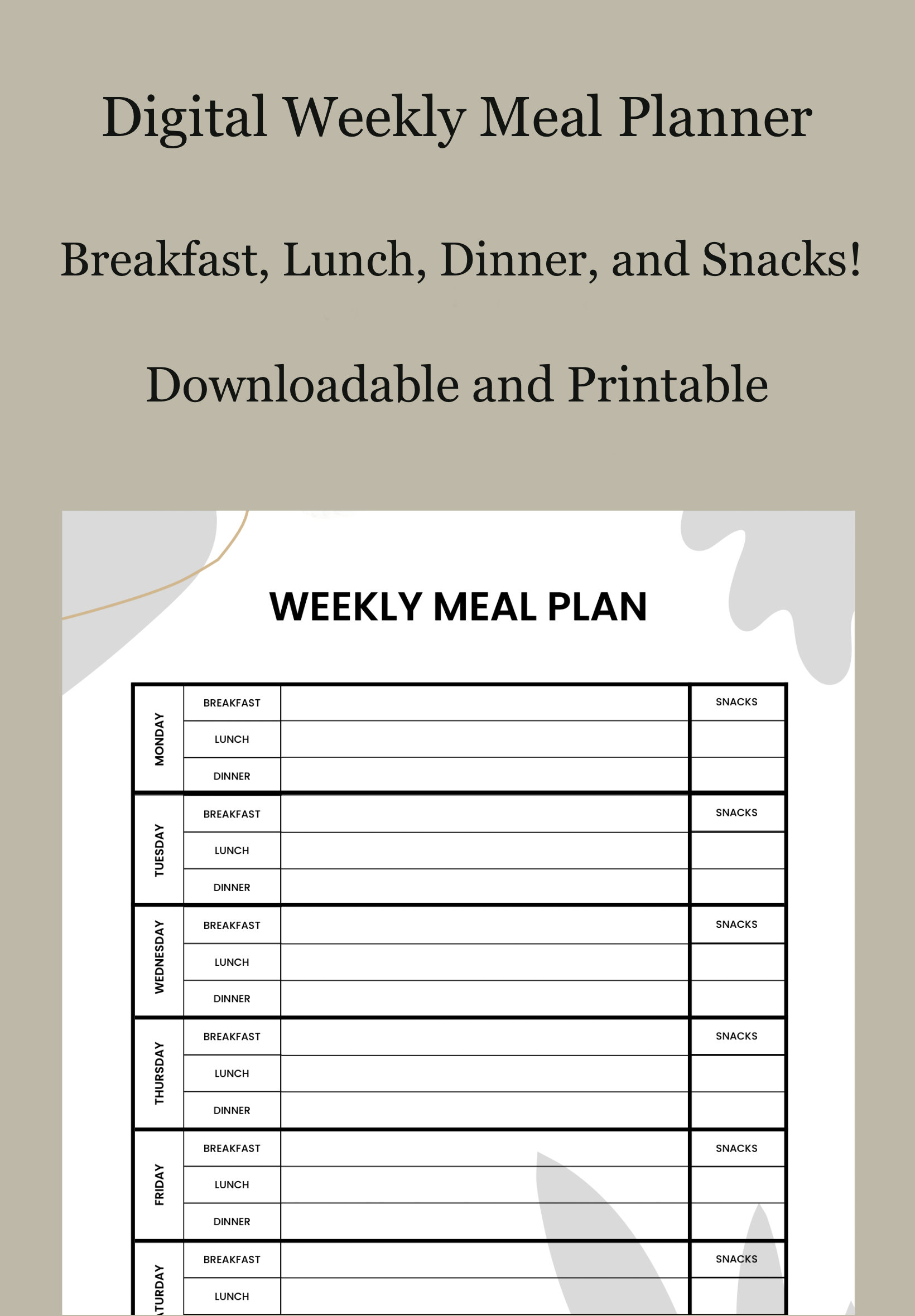 Downloadable Weekly Meal Plan Template: Breakfast, Lunch, Dinner, and ...
