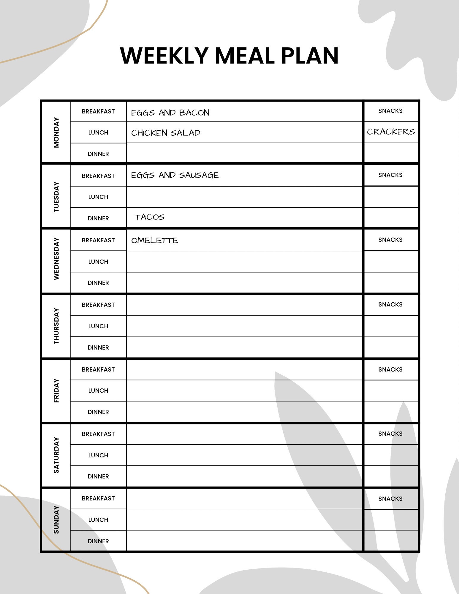 Downloadable Weekly Meal Plan Template: Breakfast, Lunch, Dinner, and ...