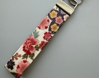 Vintage Kimono Key Fob, Purple Floral, Wrist Strap, Wristlet, Keychain ...