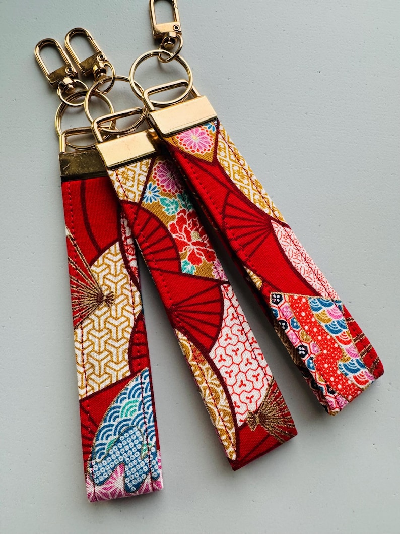 Japanese Fabric Key Fob, Red Fan, Wrist Strap, Wristlet, Keychain ...