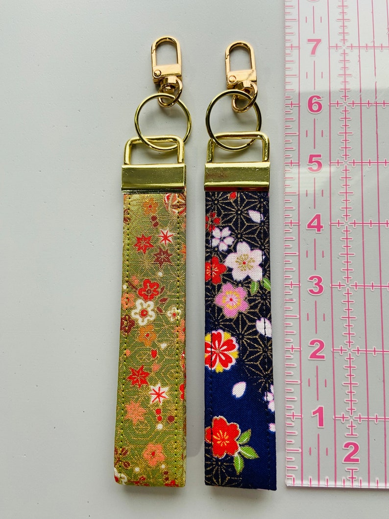 Japanese Fabric Key Fob, Blue Floral, Wrist Strap, Wristlet, Keychain ...