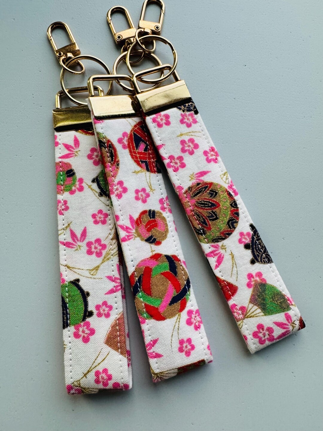 Japanese Fabric Key Fob, White Fan and Temari Ball, Wrist Strap ...