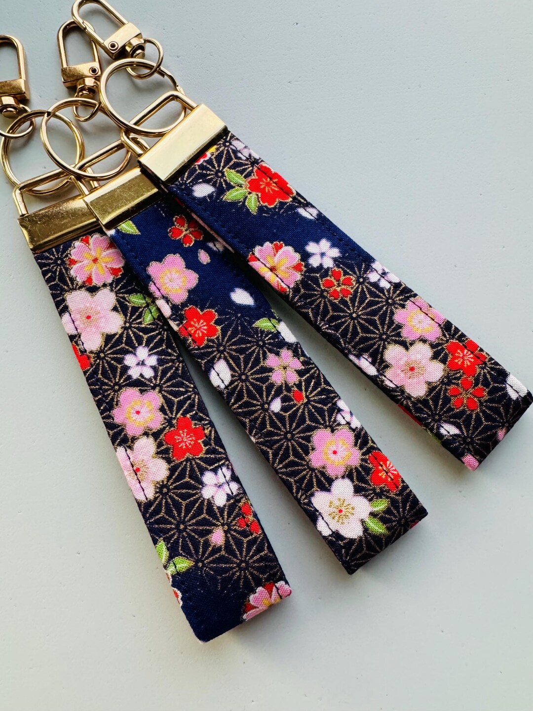 Japanese Fabric Key Fob, Blue Floral, Wrist Strap, Wristlet, Keychain ...