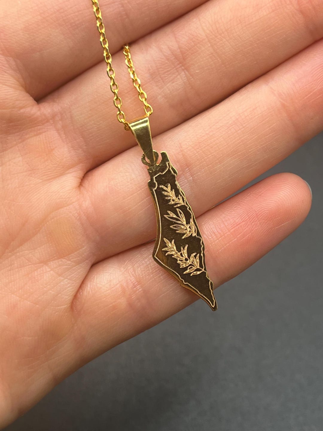 21K Solid Gold Palestine Map Pendant With Engraved Olive Tree, Elegant ...
