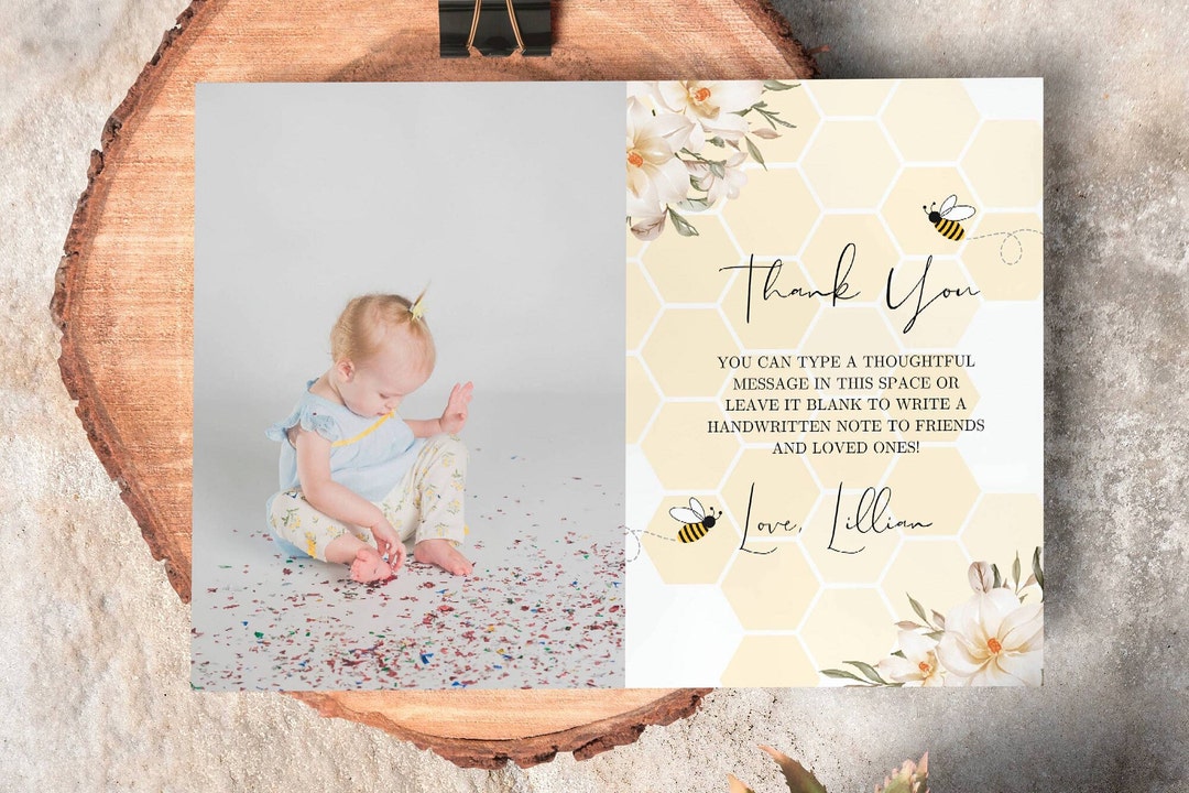 Bee Thank You Card Template, Editable Bee Birthday, First Bee Day Thank ...