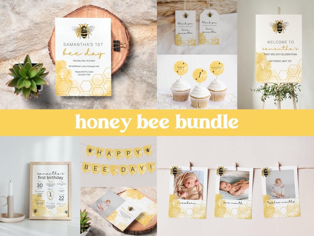 Editable First Bee Day Party Bundle, Bee First Birthday Invitation ...