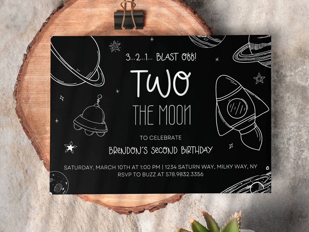 Two the Moon Birthday Invitation Template for Boy, Editable Space Party ...