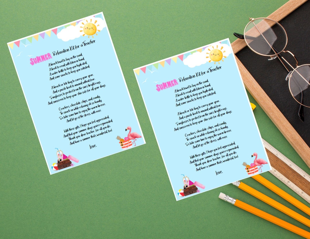 Teacher - Summer Relaxation Kit Poem Gift Bag Tag for a Teacher- Thank ...