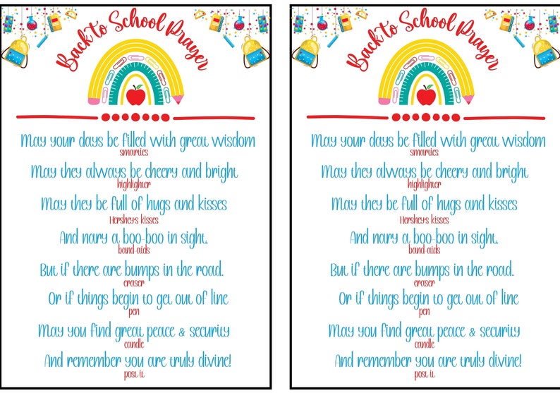 Back to School Prayer Printable, Digital Download Gift Tag ...