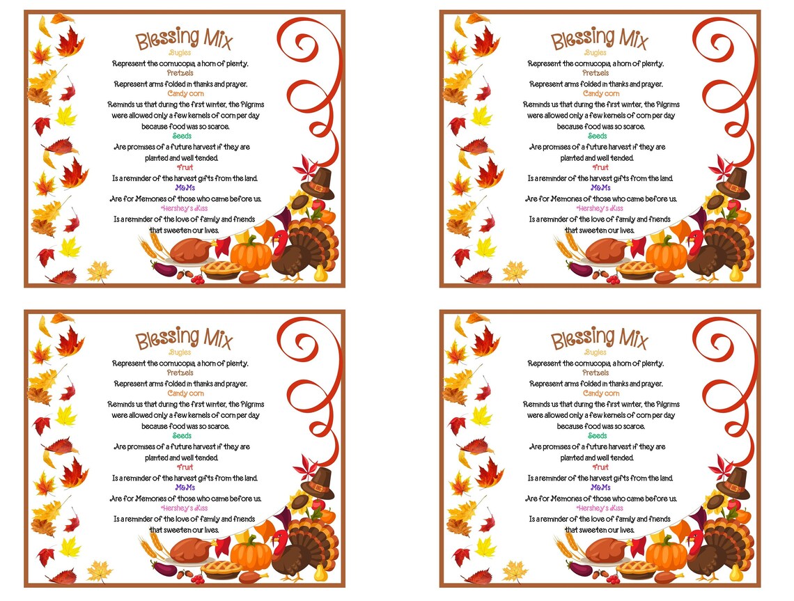 THANKSGIVING BLESSING MIX Treat Gift Bag Tag Printable Instant Download ...