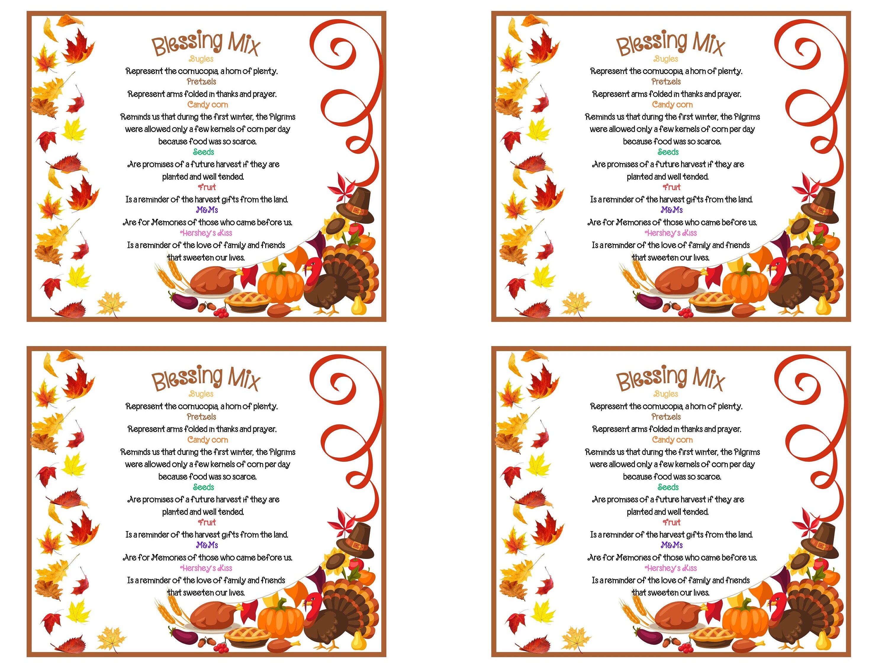 THANKSGIVING BLESSING MIX Treat Gift Bag Tag Printable Instant Download ...