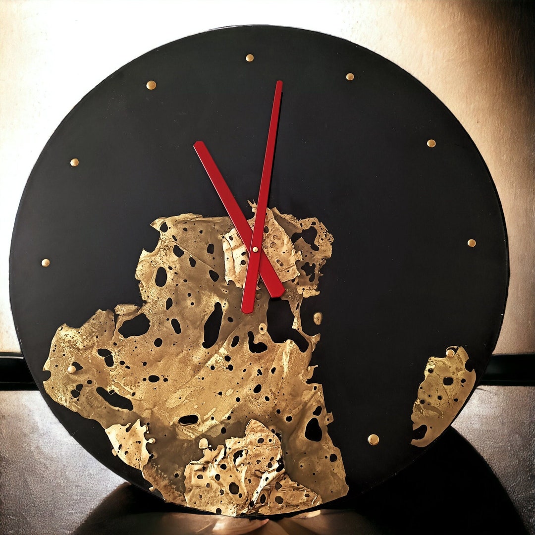 Large Wall Clock (dim 60 Cm), Handmade, Resin Clock, Black and Golden Clock, Gift for Her Him ...