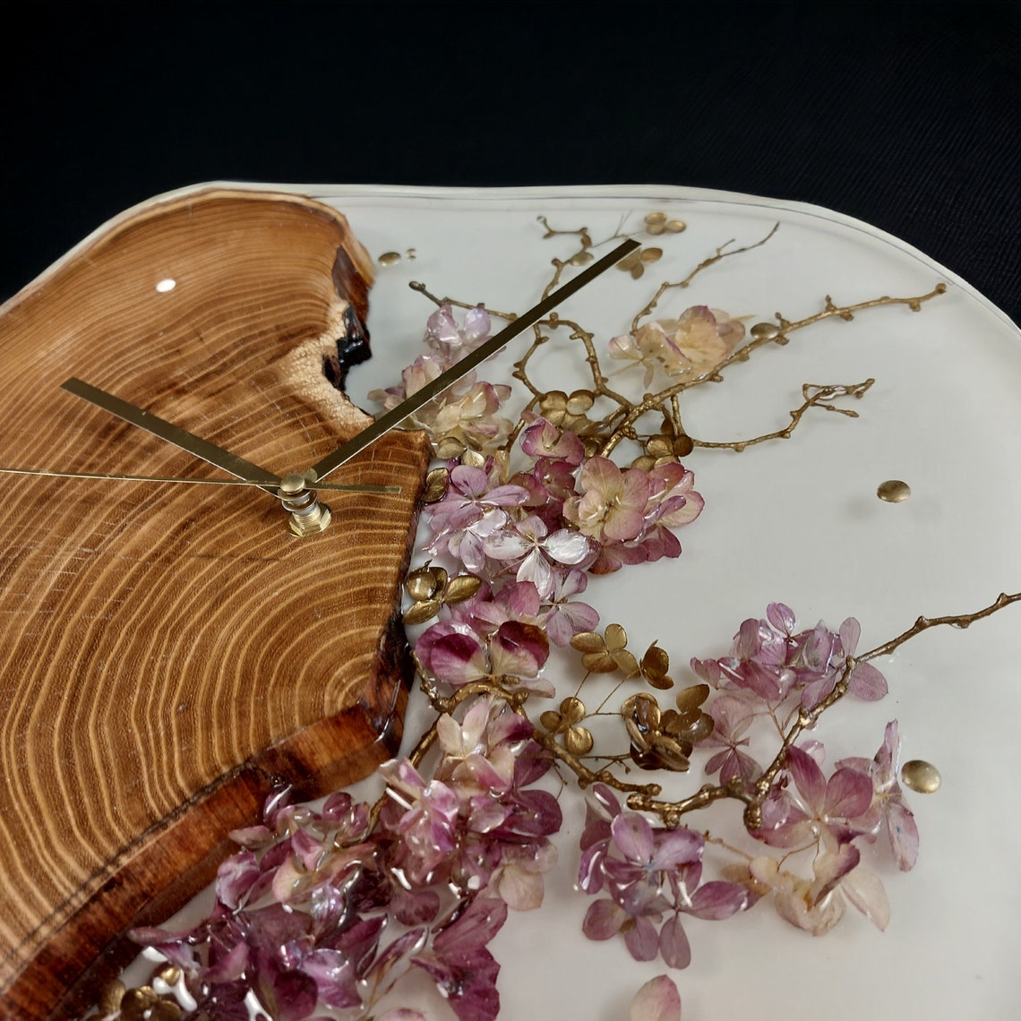 Large Wall Clock (dim 53 Cm), Handmade, Resin Clock, Natural Flowers ...
