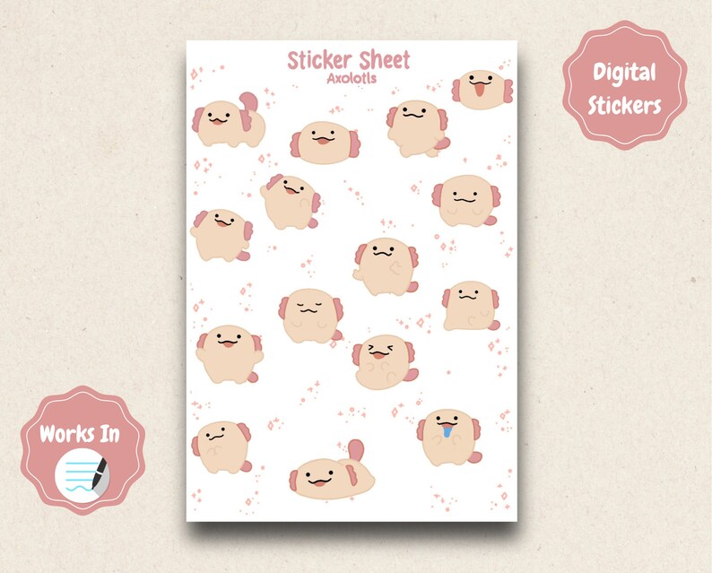 Good Notes, Digital Axolotl Sticker Pack, PNG, SVG, Cute Wildlife ...