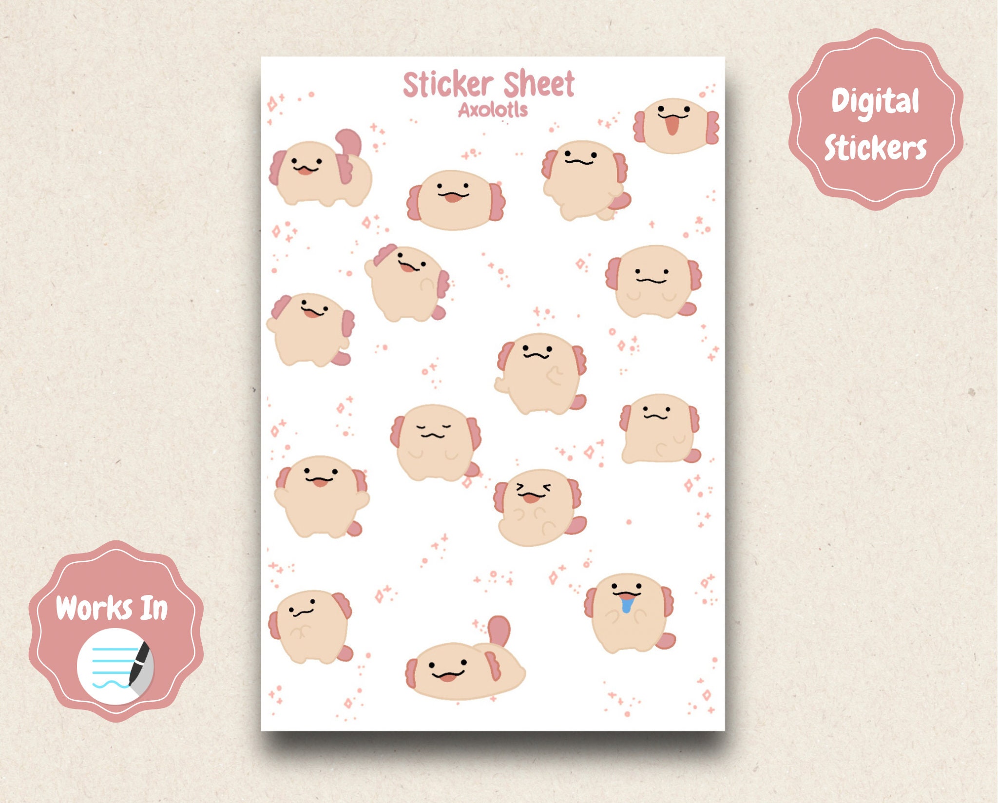 Good Notes, Digital Axolotl Sticker Pack, PNG, SVG, Cute Wildlife ...
