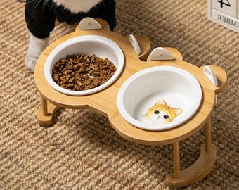 Cat Wood Bowl Stand - Etsy