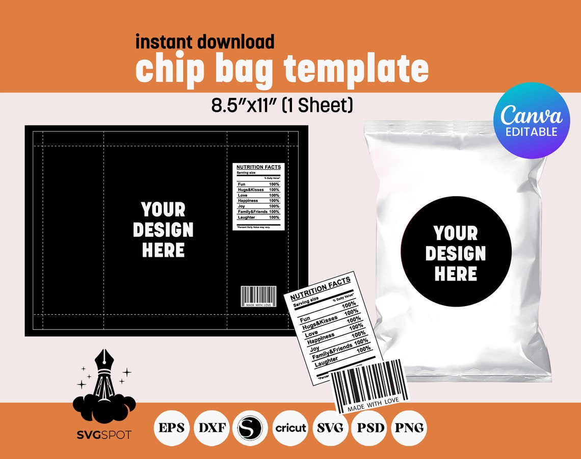 Chip Bag Template, Editable Chip Bag Template , Party Chip Bag , Part ...