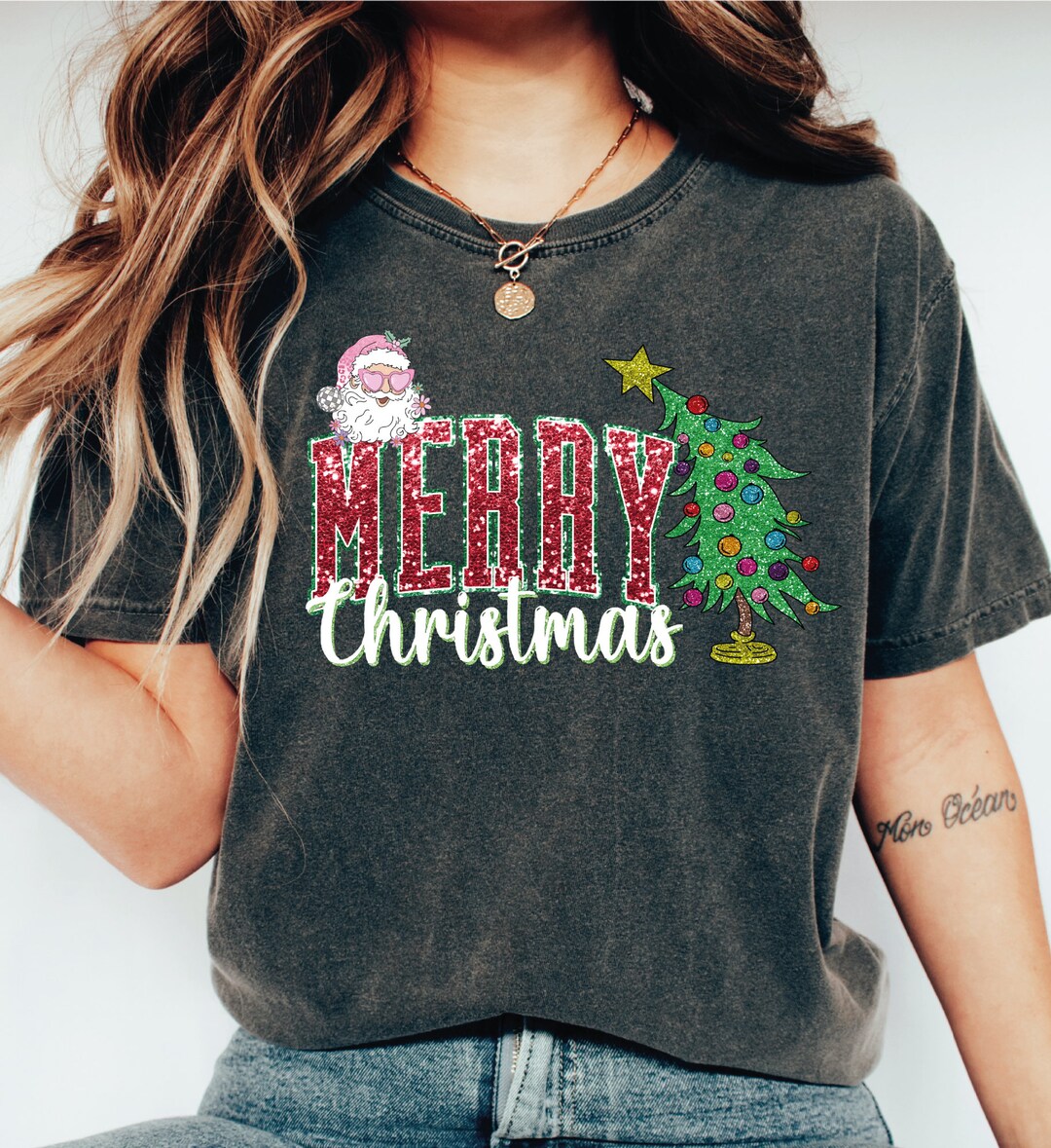 Merry Christmas Tree Shirt,pink Santa Claus Glitter Effect Shirt ...