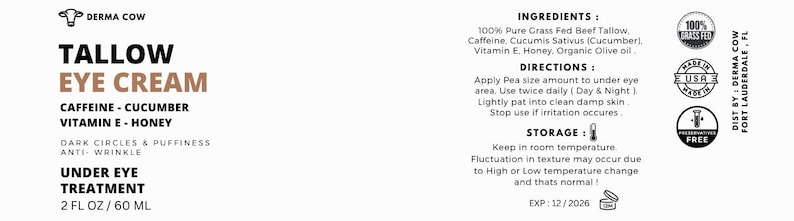 Tallow Eye Cream Infused With Caffeine, Honey, Vitamin E and Cucumber ...