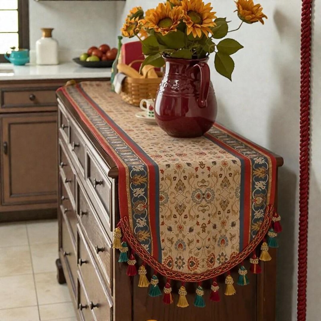 Vintage Tassel Cabinet Table Runner / Luxury Jacquard Floral Decor ...