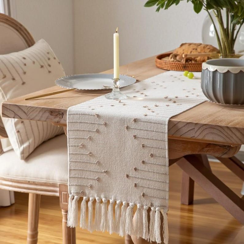 Neutral Textured Table Runner With Tassels, Boho Farmhouse Dining Table ...
