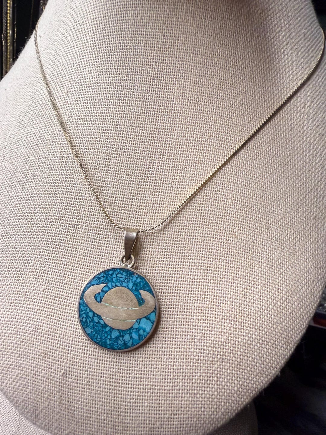 Vintage Turquoise Inlay Saturn Jupiter Planet Sterling Silver Necklace ...