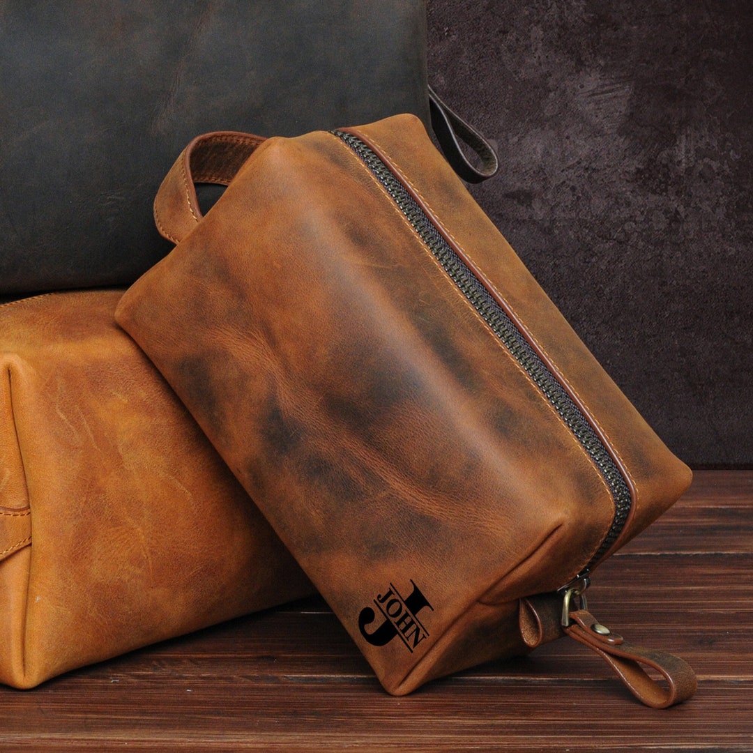 Engraved Leather Dopp Kit for Men | Handmade Toiletry Bag | Shaving Kit ...