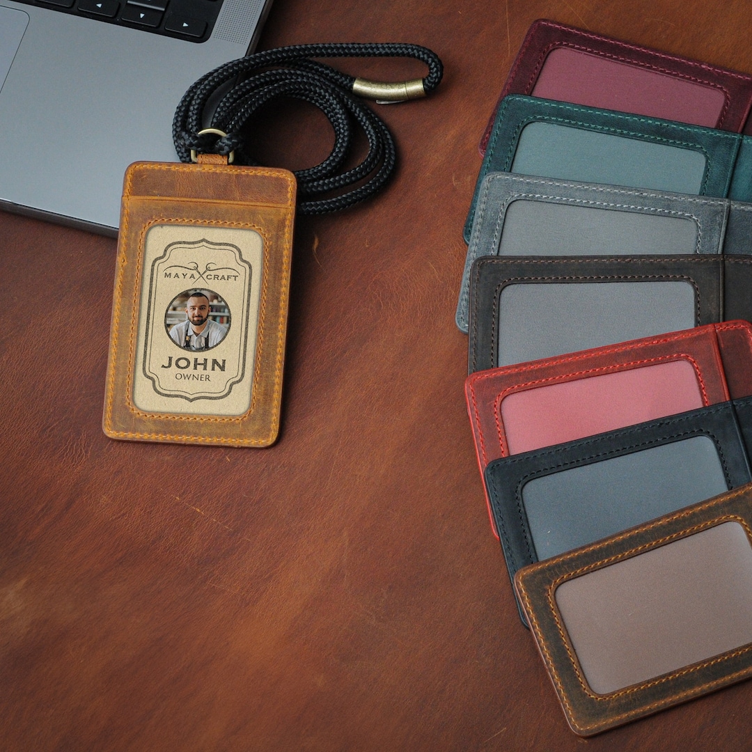 Personalized ID Card Holder Wallet With Lanyard | Handmade Leather ID ...