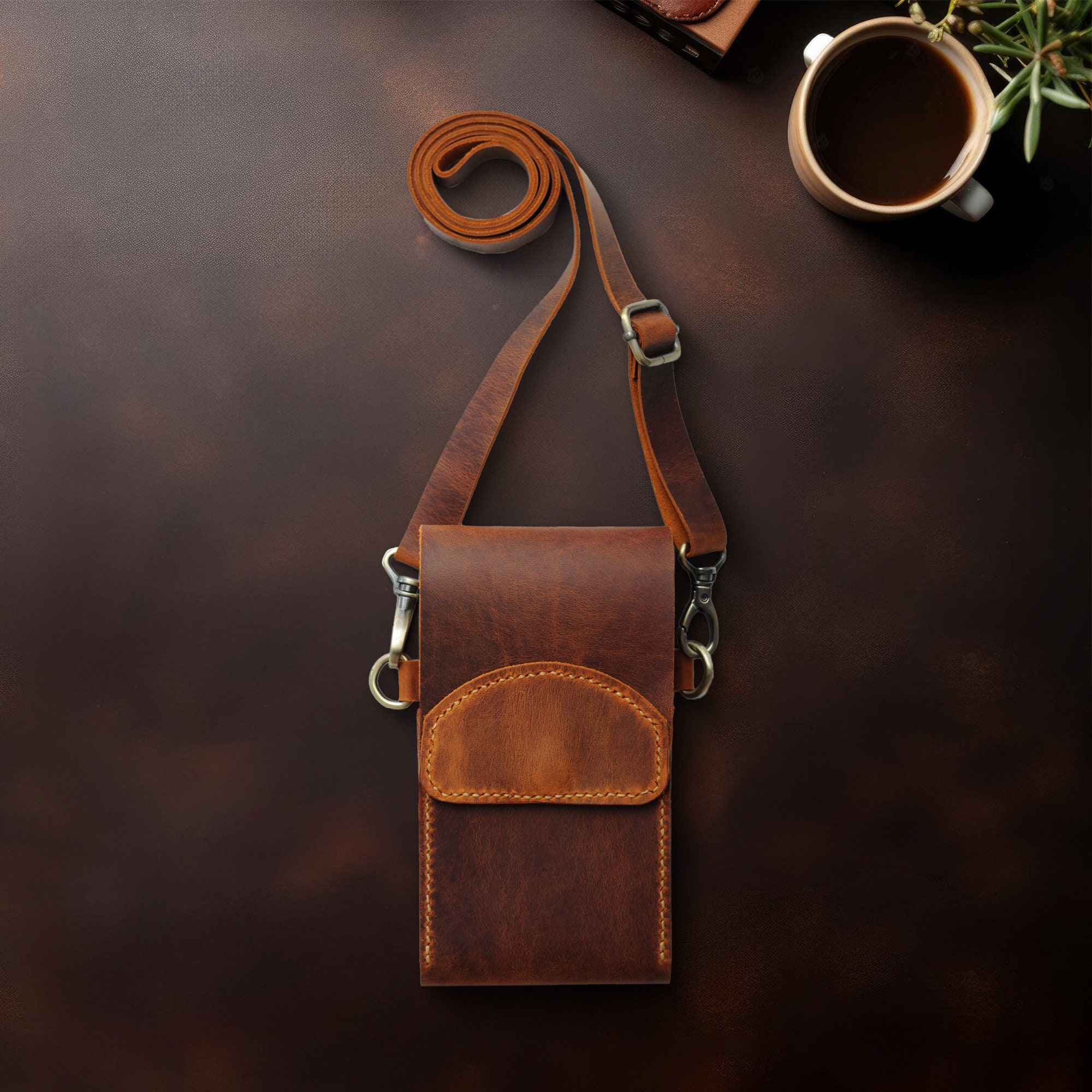 Personalized Leather Crossbody Phone Wallet | Handmade Unisex Mobile ...
