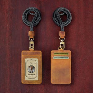 Personalized ID Card Holder Wallet With Lanyard | Handmade Leather ID ...