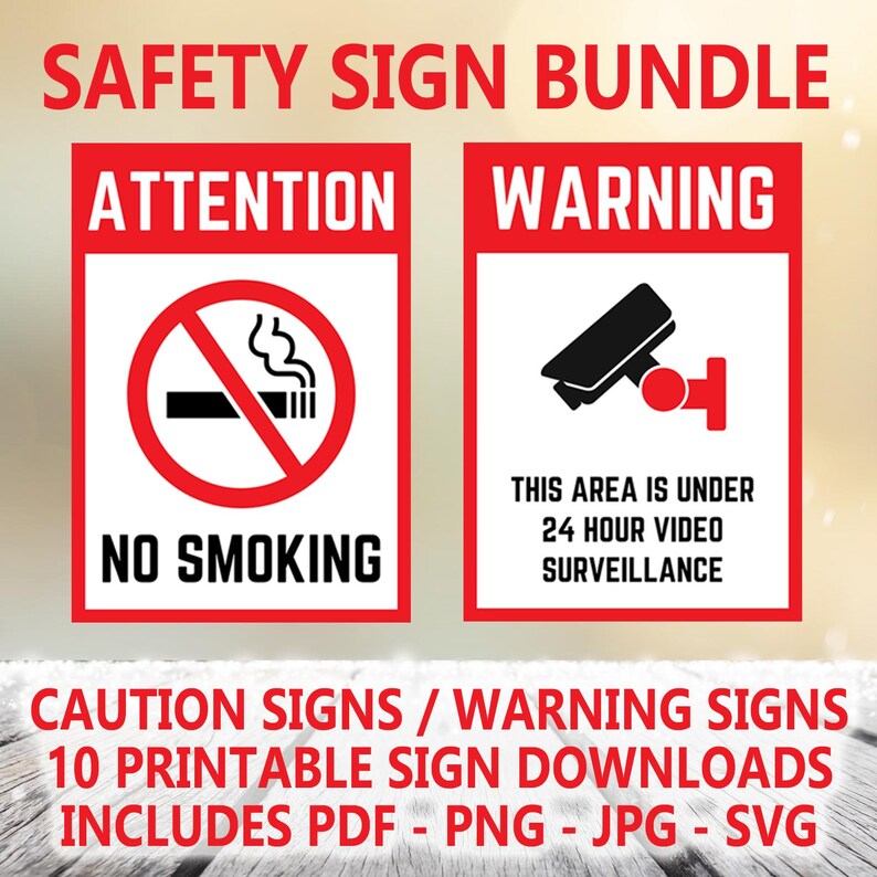 Safety Sign Bundle, Printable Caution & Warning Signs (pdf, Png, Jpg ...
