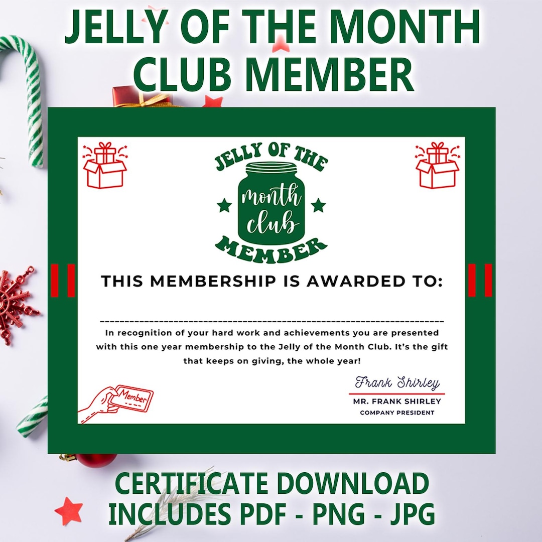 Jelly of the Month Club Certificate, PDF, PNG, Jpeg Included, Perfect ...